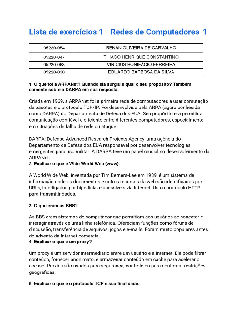 Lista de Exercícios 1 - Redes de Computadores-1 | PDF | Rede de ...