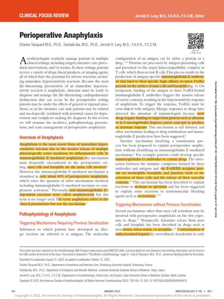 Perioperative Anaphylaxis: Clinical Focus Review | PDF | Allergy | Antibody