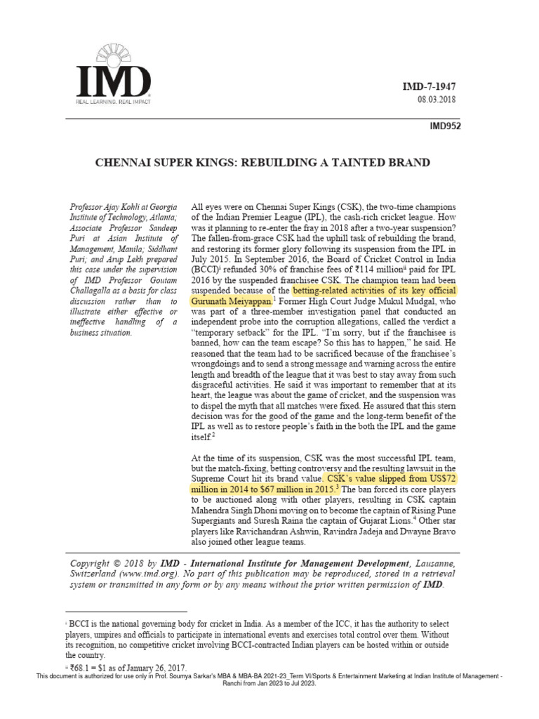 CSK Case | PDF | Sports | Cricket