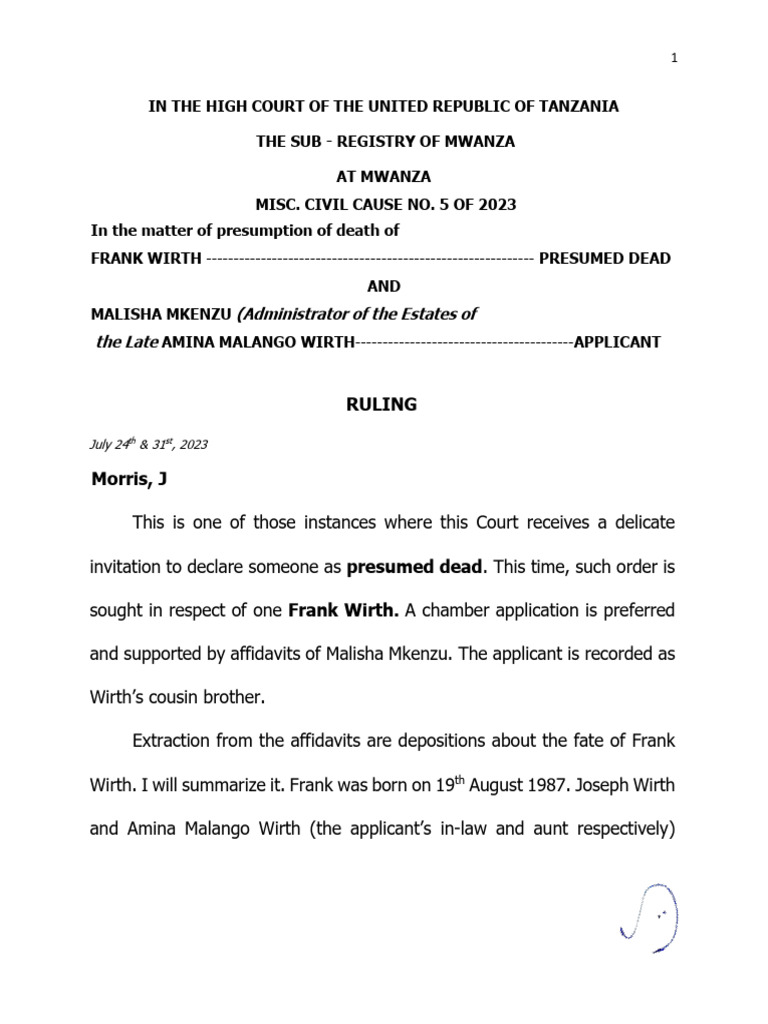 Ruling on Frank Wirth's Presumption of Death | PDF | Separation Of ...