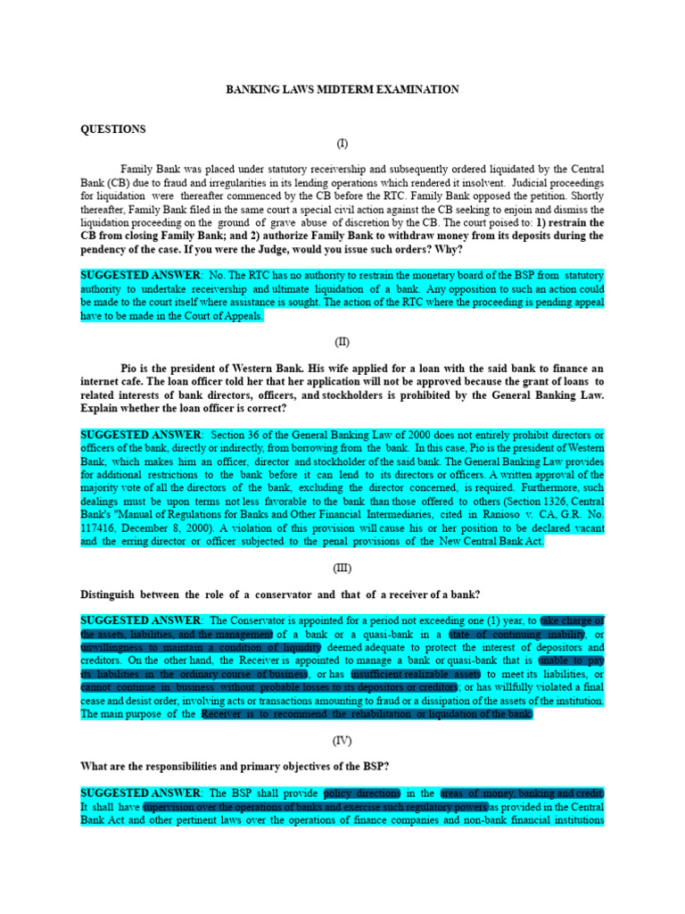 Q & A Banking Laws Midterm Exam | PDF | Liquidation | Banking