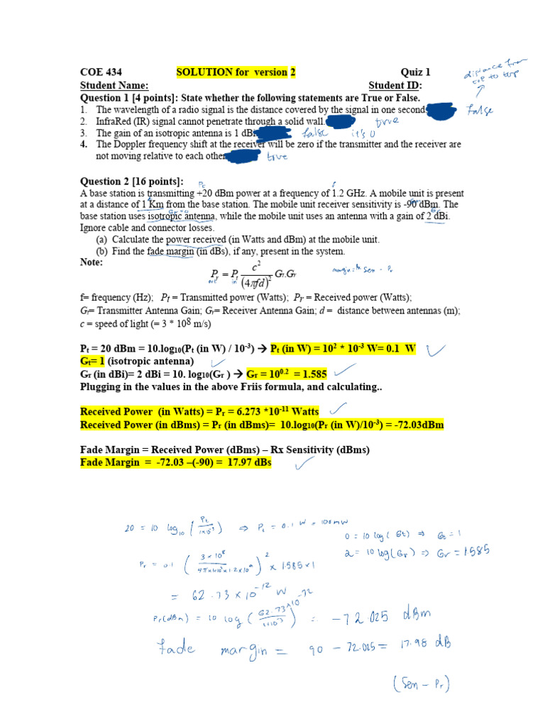 COE 434 Quiz 1 Solutions Analysis | PDF | Antenna (Radio) | Decibel