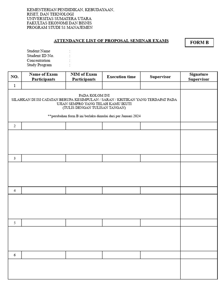 Template FORM B (Bukti Kehadiran Audiens Sempro) | PDF