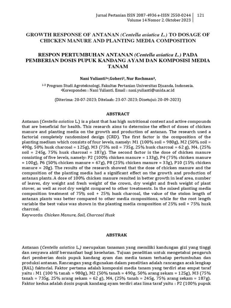 RESPON PERTUMBUHAN ANTANAN (Centella Asiatical.) PADA PEMBERIAN DOSIS ...