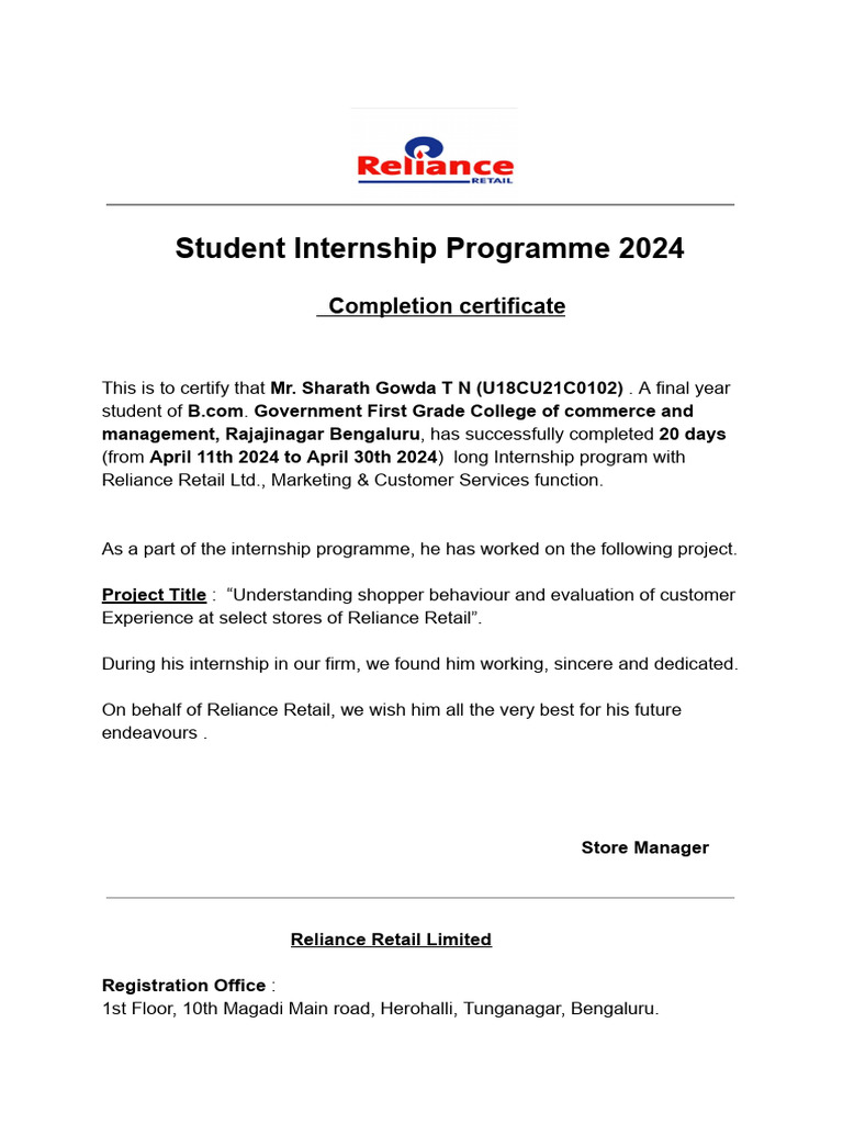 Reliance Retail Internship Completion Certificate | PDF