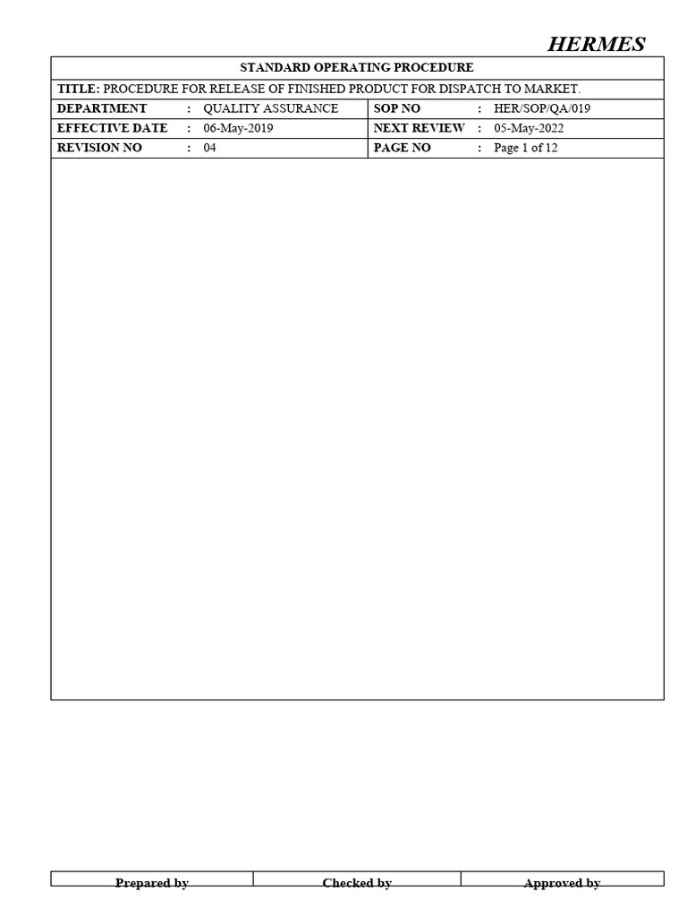 PROCEDURE FOR RELEASE OF FINISHED PRODUCT FOR DISPATCH TO MARKET | PDF ...