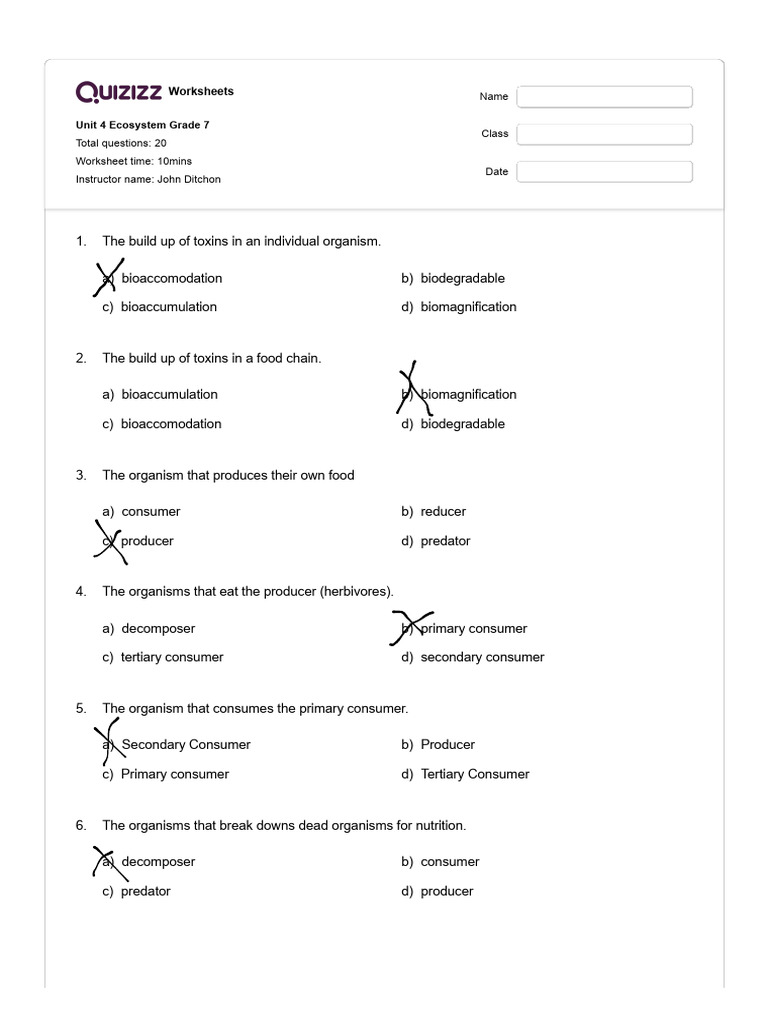 Grade 7 Ecosystem Worksheet Quiz | PDF | Ecology | Natural Environment