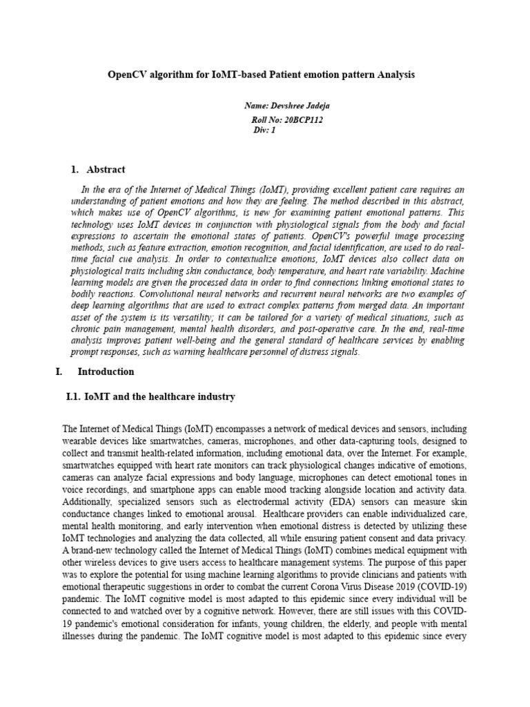 20BCP112 Patient Emotion Using OpenCV IoMT IA2 Final | PDF | Internet Of Things | Deep Learning