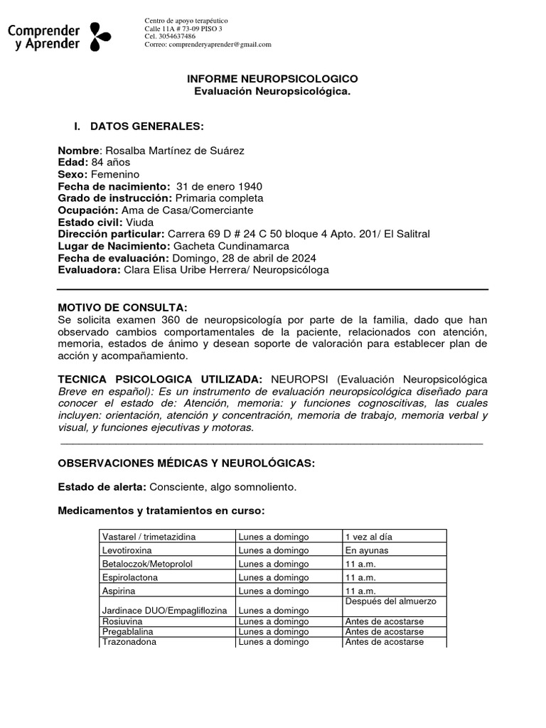 Informe Valoraciòn Neuropsicològica Rosalba Martinez de Suarez ...