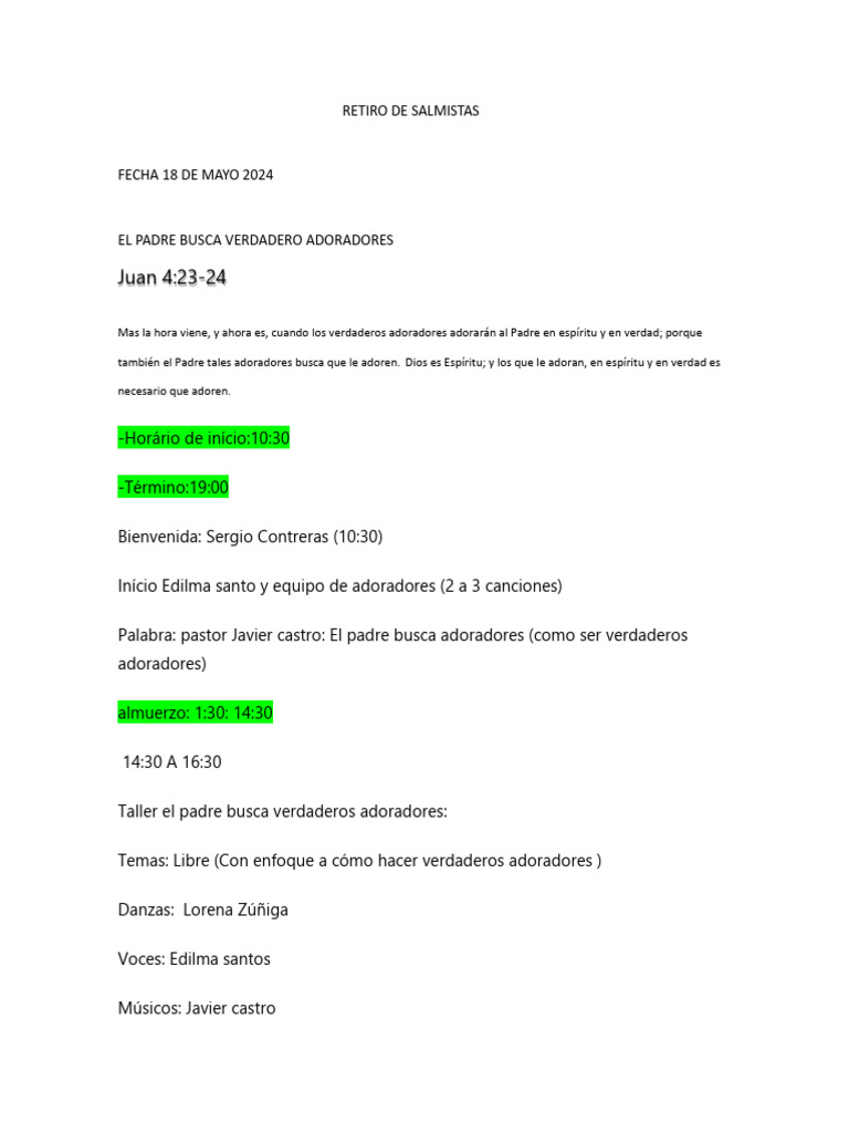Programa Retiro de Salmistas 18 de Mayo | PDF