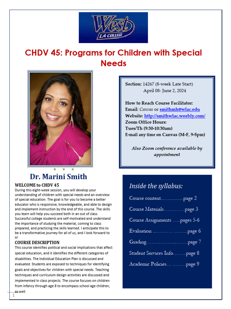 CHDV 45 Syllabus Spring 2024 8-Week Online Smith | PDF | Learning | Special Education