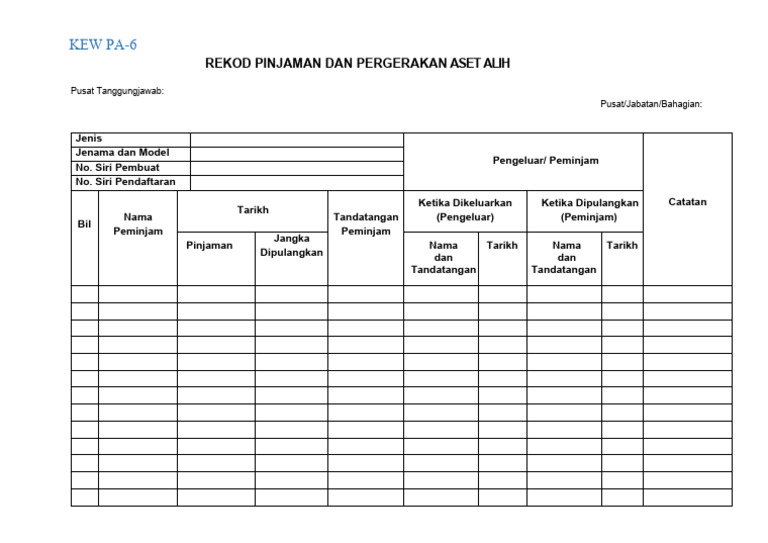 Kew - Pa-6-Rekod Pinjaman Dan Pergerakan Aset Alih | PDF
