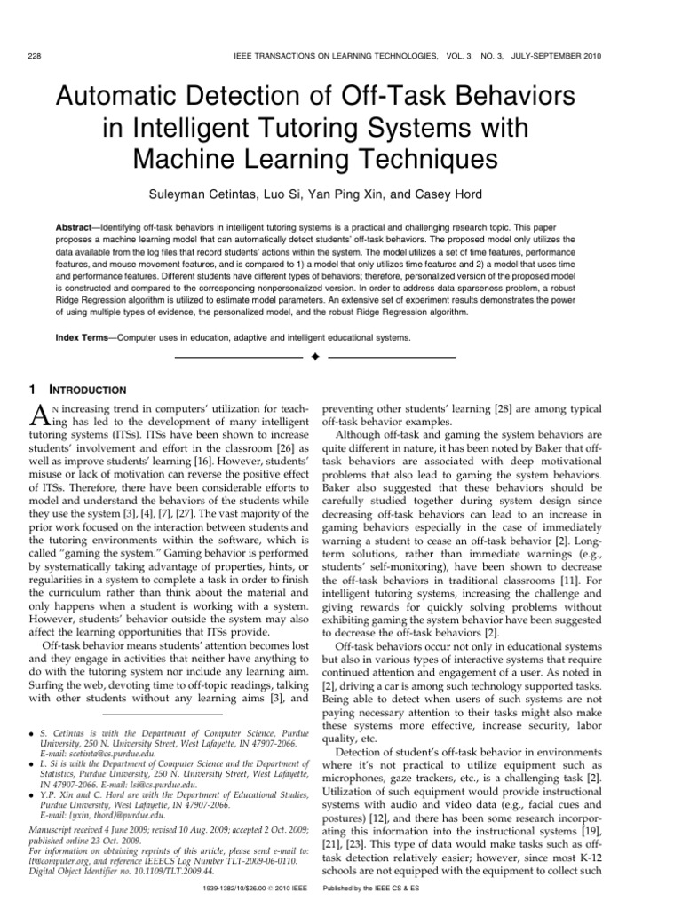 Automatic Detection of Off-Task Behaviors in Intelligent Tutoring Systems With Machine Learning ...
