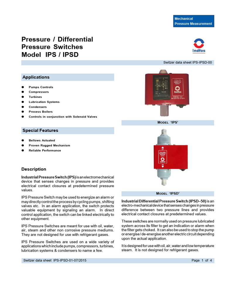 Indfos Differential Pressure Switches Ipsd 50 | PDF | Switch | Pump