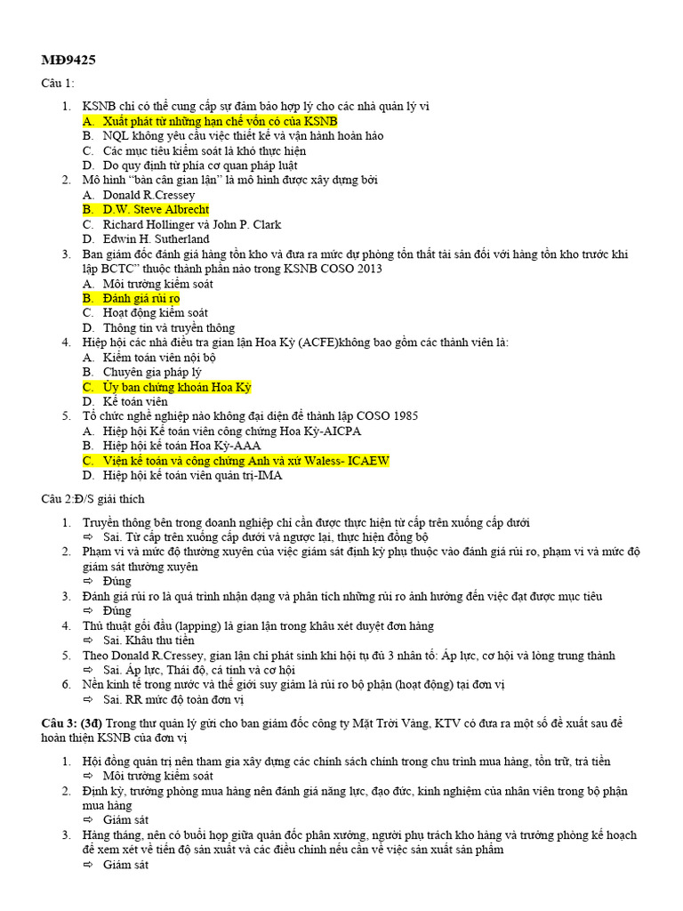 Đề thi KSNB-đáp án | PDF