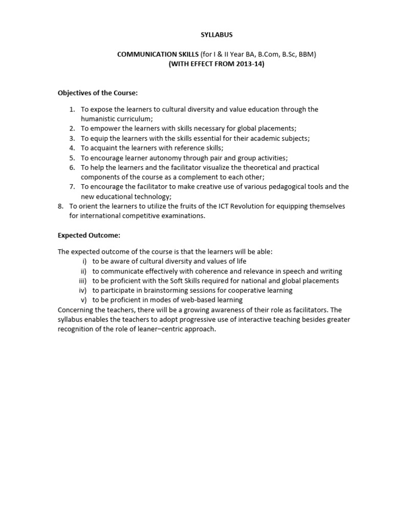 BA/B.Com/B.Sc/BBM Communication Skills Syllabus | PDF | Educational ...