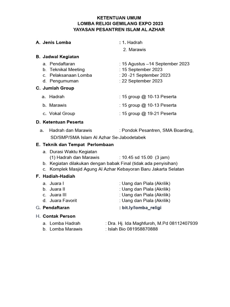 Ketentuan Lomba Religi - Sekolah Luar Al Azhar | PDF