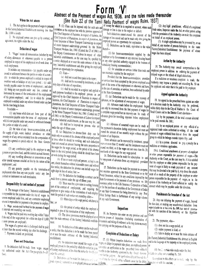 FORM V (Abstract of Payment of Wages Act) | PDF