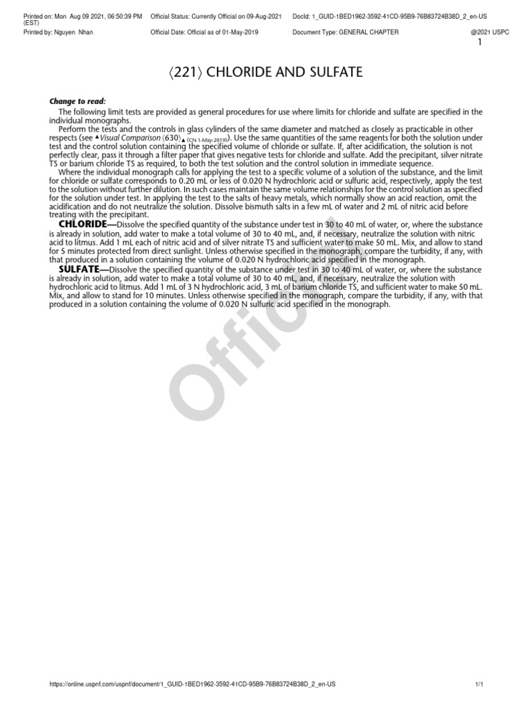 〈221〉 CHLORIDE AND SULFATE | PDF | Acid | Sulfate