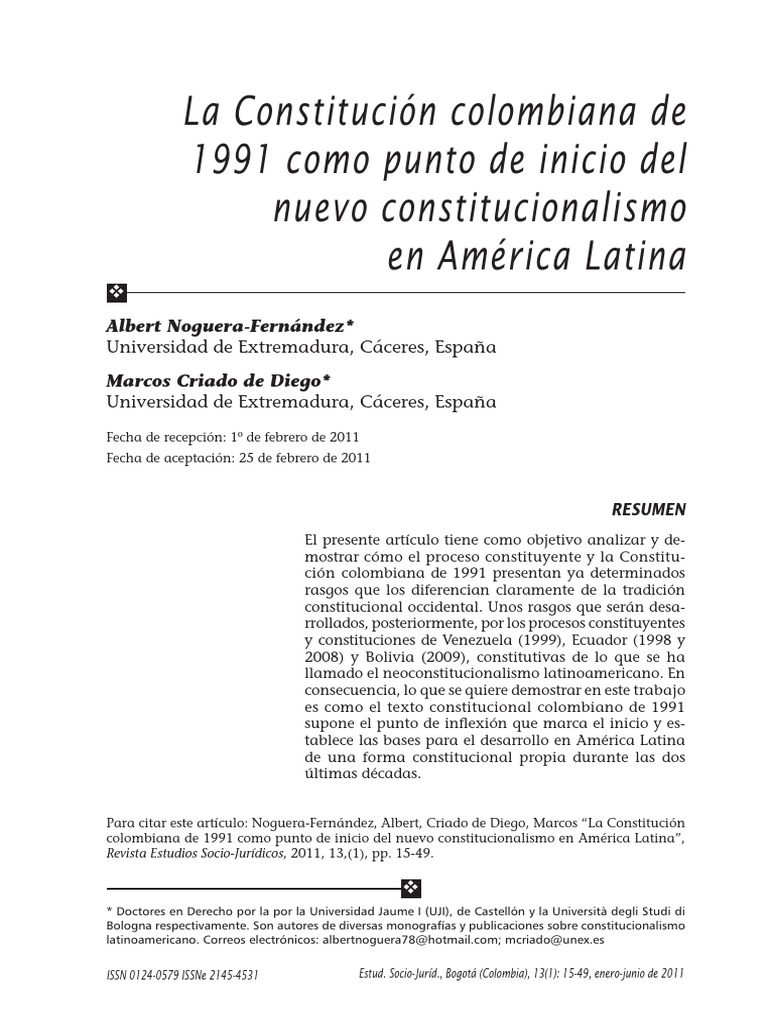 La Constitución Colombiana De 1991 Como Punto De Inicio Del Nuevo