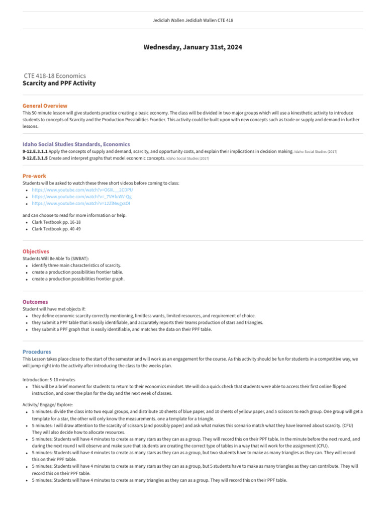 Cte 418 - Scarcity Lesson Plan | Download Free PDF | Economics | Learning