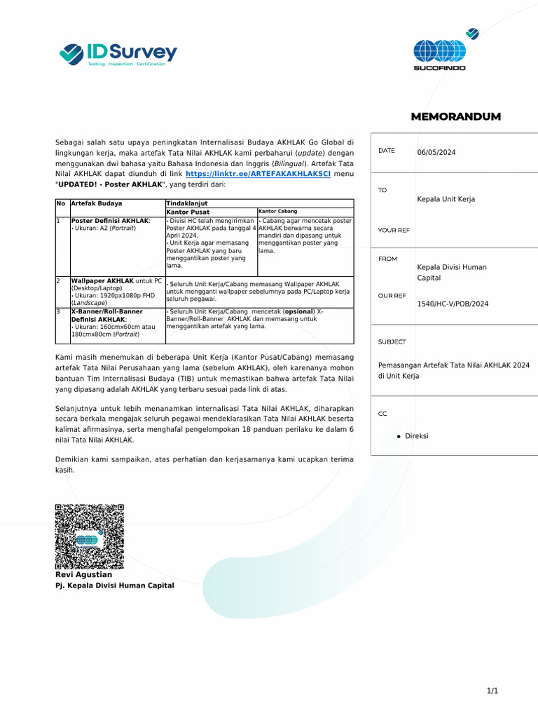 Memo Pemasangan Artefak AKHLAK 2024 & Lampiran | PDF