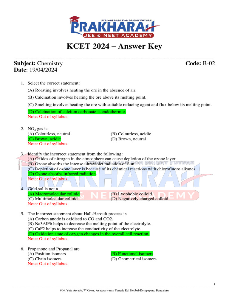 Prakharah - Che Key Answers - KCET 2024 | PDF | Chromium | Redox