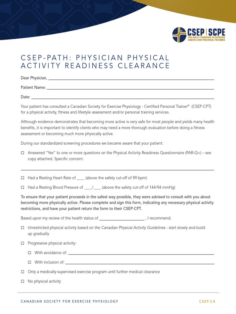 Physician Clearance Form CSEP CPT | PDF | Physical Fitness | Clinical Medicine