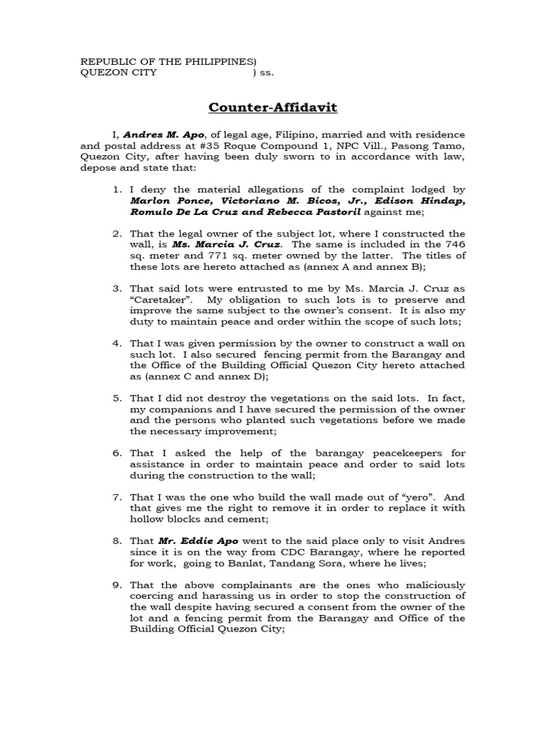 Counter Affidavit (APO) | PDF | Affidavit | Legal Procedure