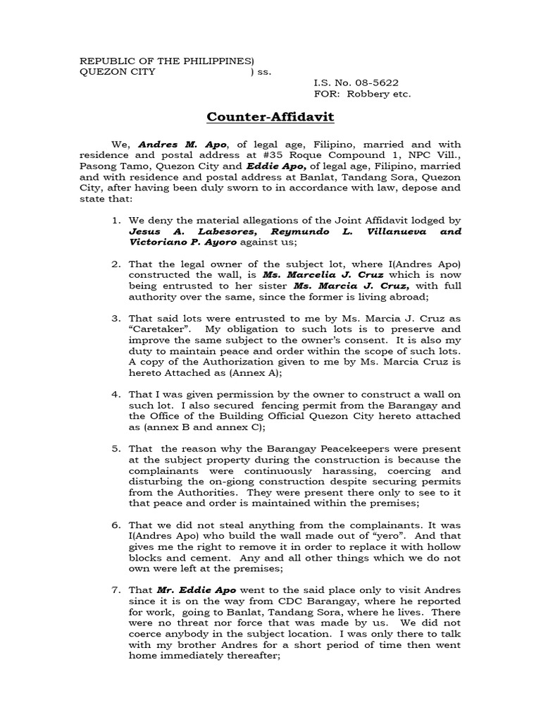 Counter-Affidavit (Andres and Eddie Apo) | PDF | Politics | Social Science Counter-Affidavit (Andres and Eddie Apo) | PDF | Politics | Social Science