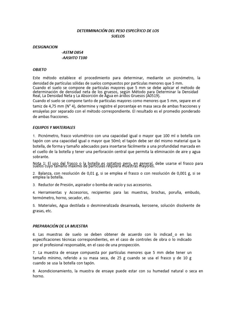 Peso Específico de Los Suelos (ASTM D854 AASHTO T100) | PDF | Agua ...