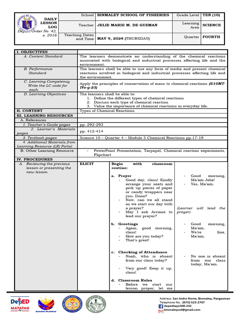Types of Chemical Reactions Lesson Plan | PDF | Chemical Reactions ...