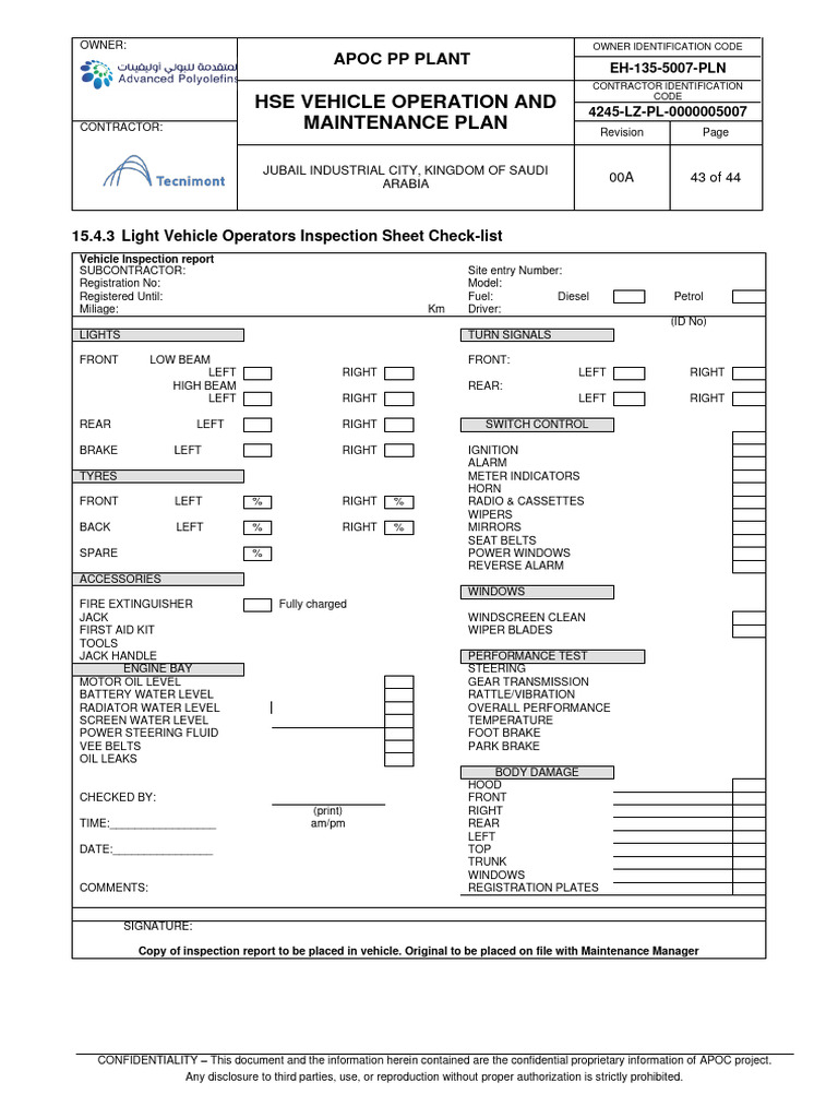 Light Vehicle Operators Inspection Sheet Check-List | Download Free PDF ...