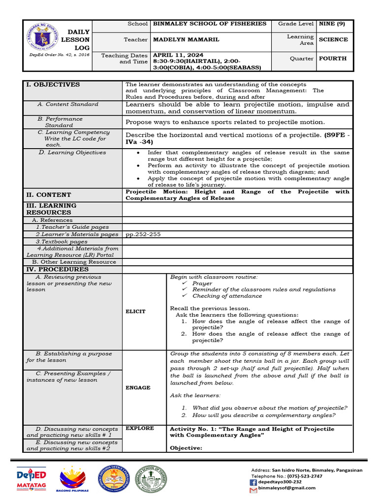 Complementary Angles Pdf Learning Projectiles