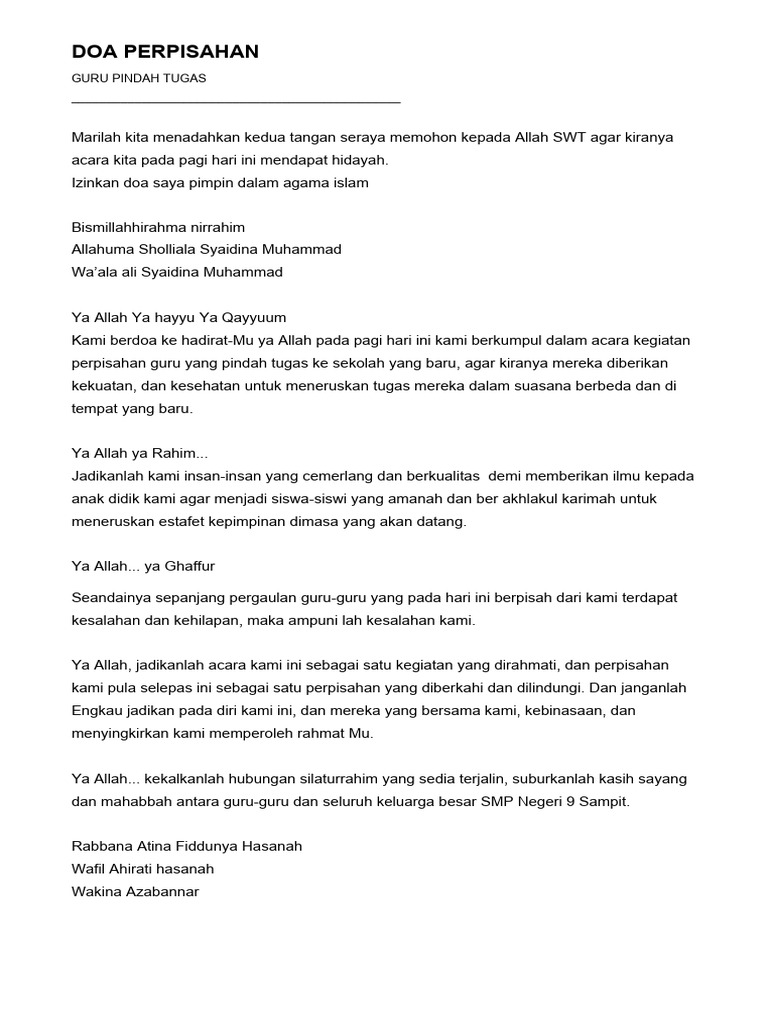 Doa Perpisahan Guru Berpindah | PDF