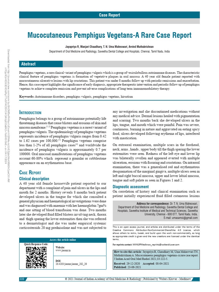 Mucocutaneous Pemphigus Vegetans A Rare Case.20 | PDF | Causes Of Death ...