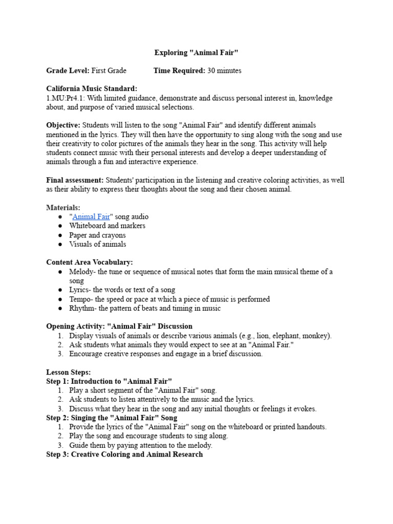 First Grade Lesson: Animal Fair Song | PDF | Thought | Creativity