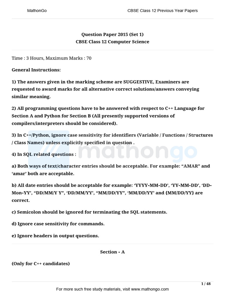 Computer Science Class 12 Cbse Previous Year Question Paper 2015 | PDF ...