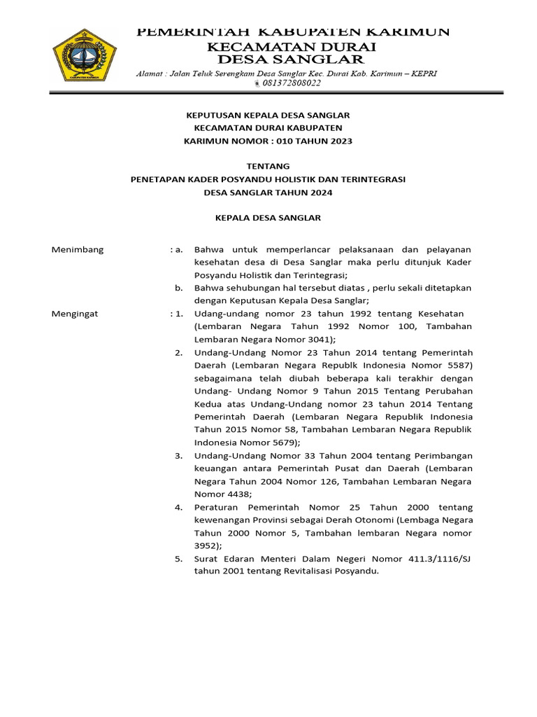 Penetapan Kader Posyandu Desa Sanglar 2024 | PDF