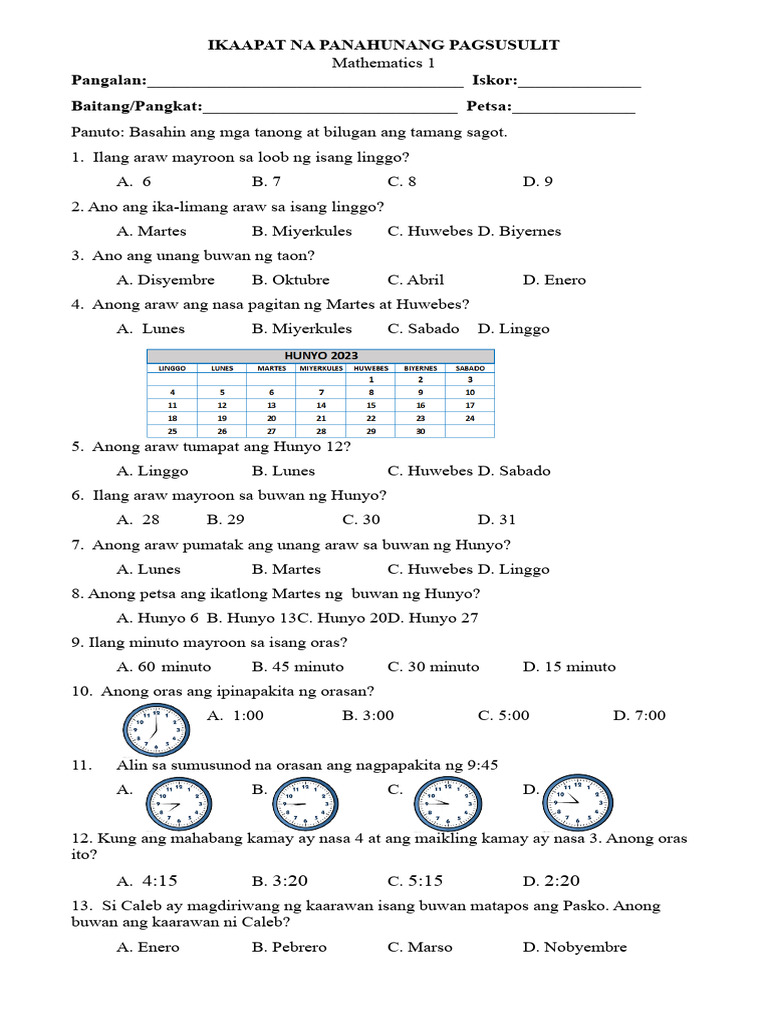 Q4 Periodical Test in Mathematics 1 1 | PDF