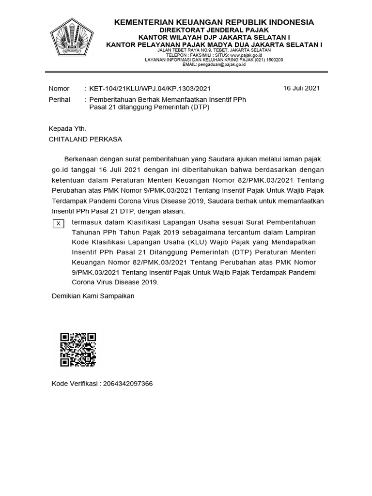 Cetakan Surat Permohonan Fasilitas PPH Pasal 21 DTP (PMK 82 2021) | PDF | Bisnis | Pengelolaan ...
