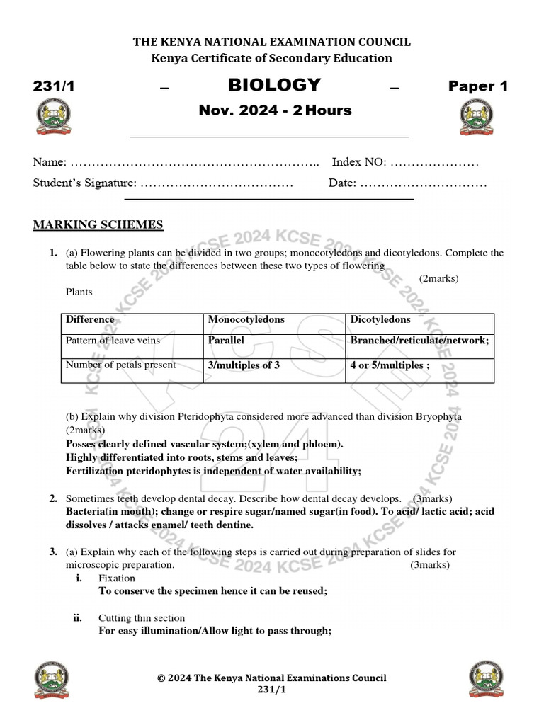 Kcse 2024 Bio Pp1 Ms - Code 01 | PDF | Cellular Respiration | Flowers