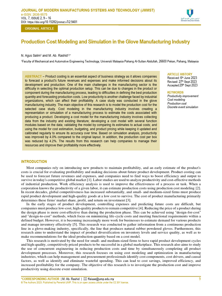 Production Cost Modeling and Simulation in The Glove Manufacturing ...