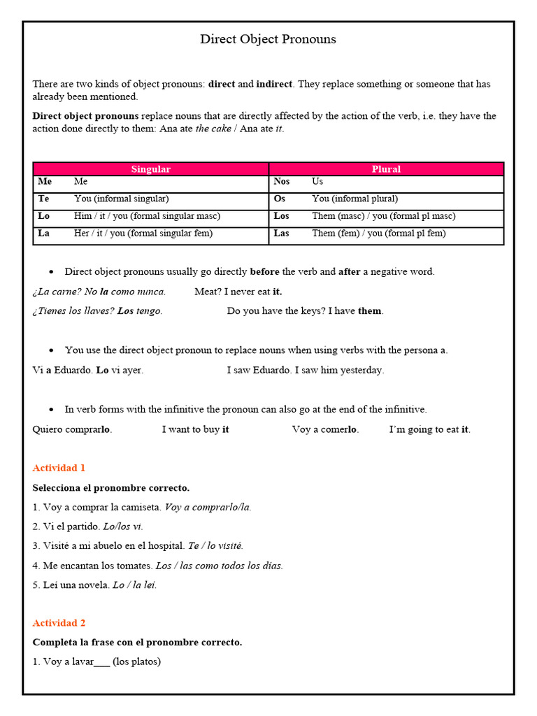 2 Direct & Indirect Object Pronouns | PDF | Grammatical Number | Verb