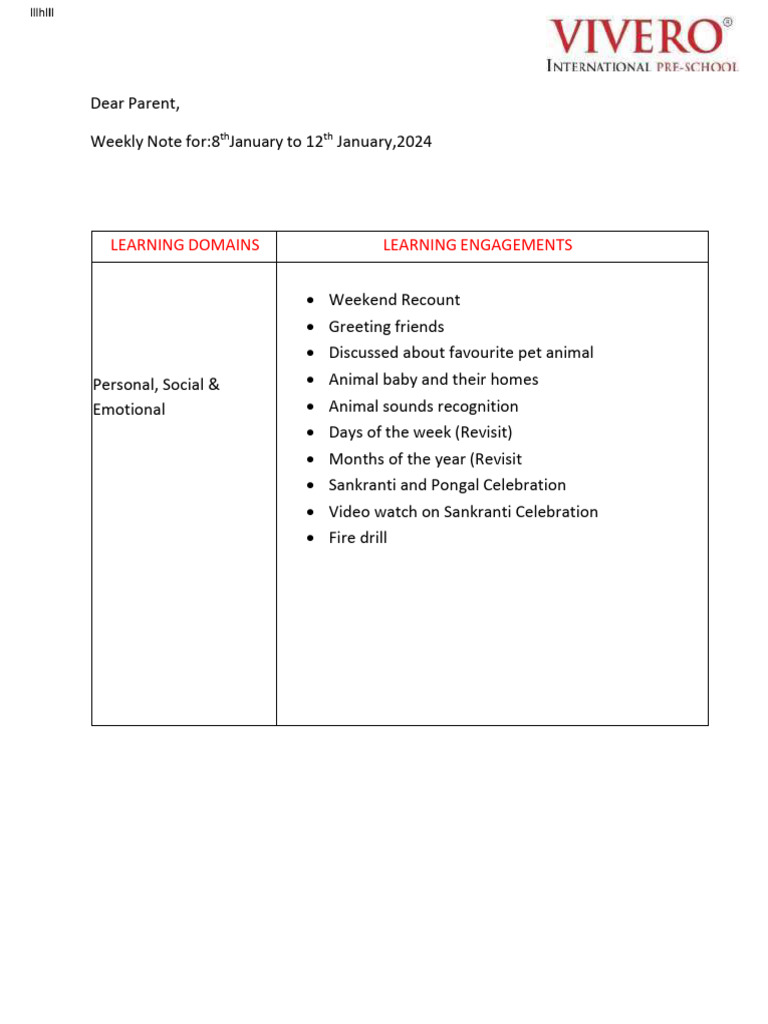 Weekly Note Nursery 15th Jan To 19th Jan, 24 | PDF | Art