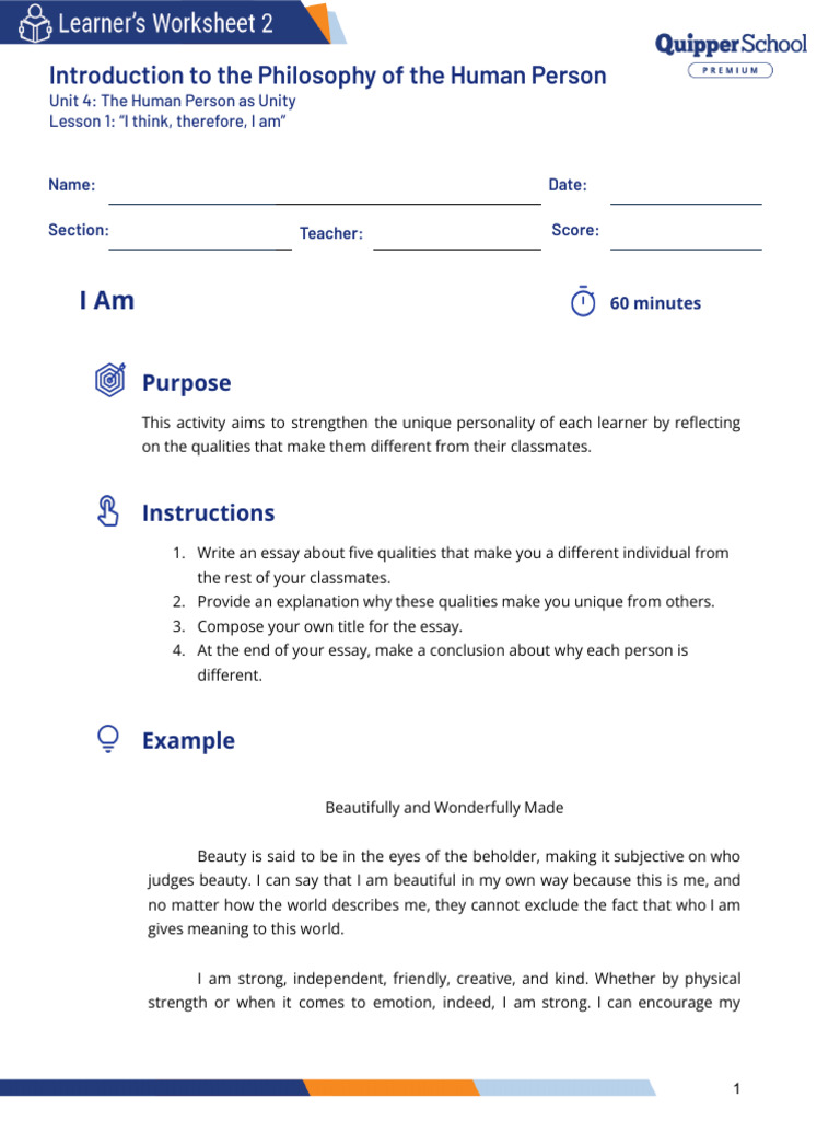 U4 Lesson 1 Worksheet 1.2 I Think Therefore I Am | PDF | Beauty | Learning