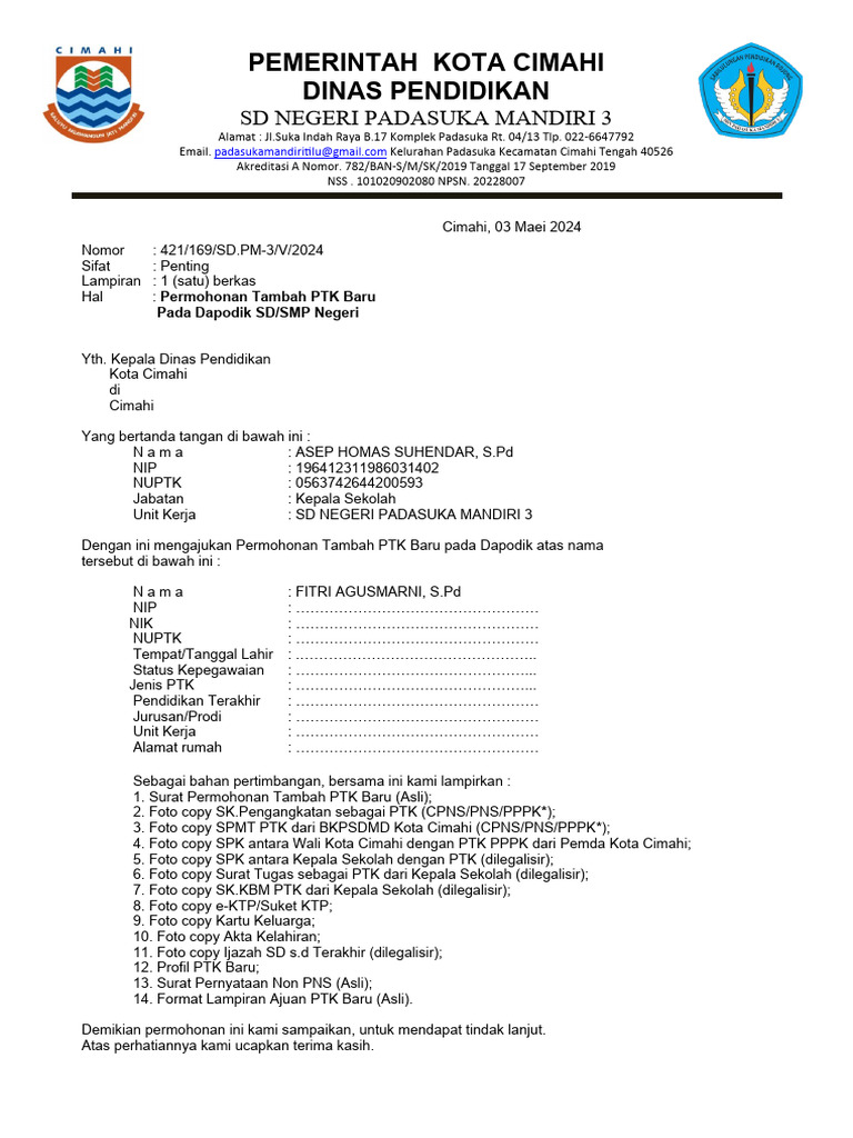 Contoh Surat Pengajuan PTK Baru & Tarik PTK - New | PDF