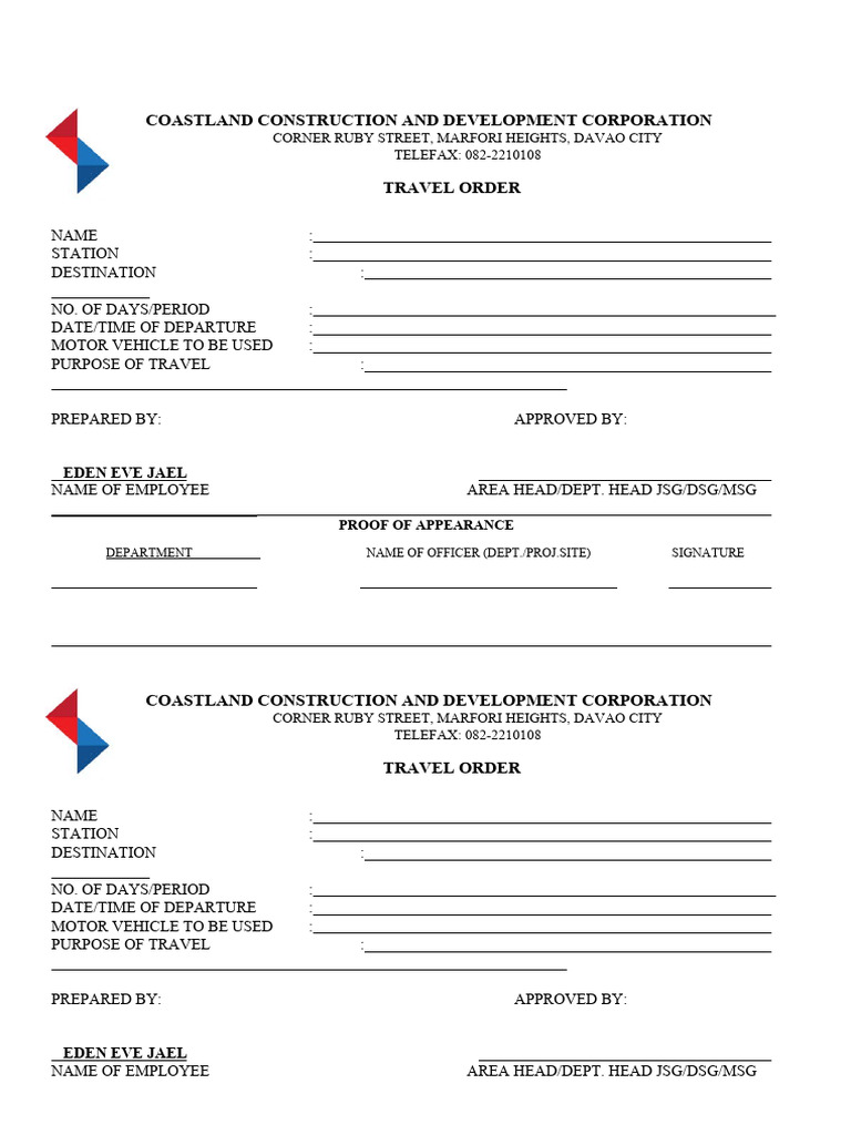 Travel Order Template for Employees | PDF