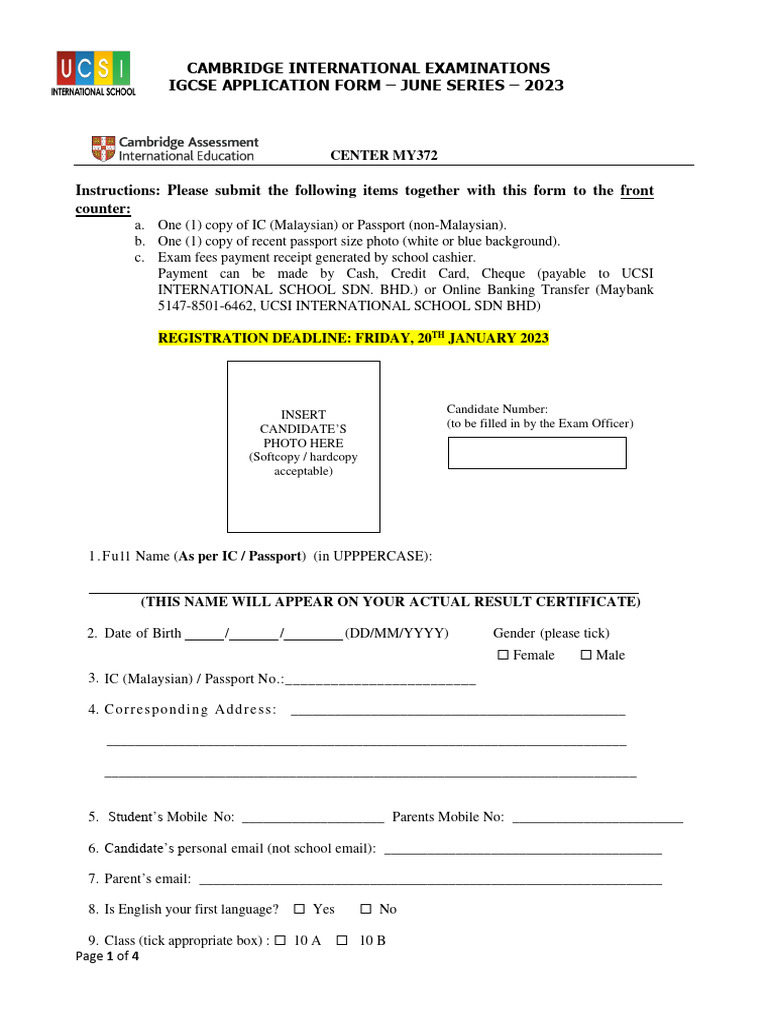 IGCSE Registration Form JUNE 2023 | PDF | Information | Payments