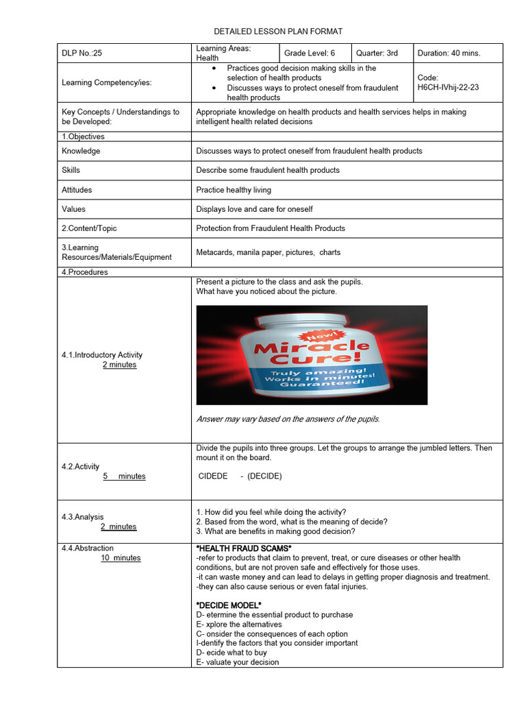 Dlp Grade 6 Health 4th Quarter Dlp 25 Pdf Fraud Learning